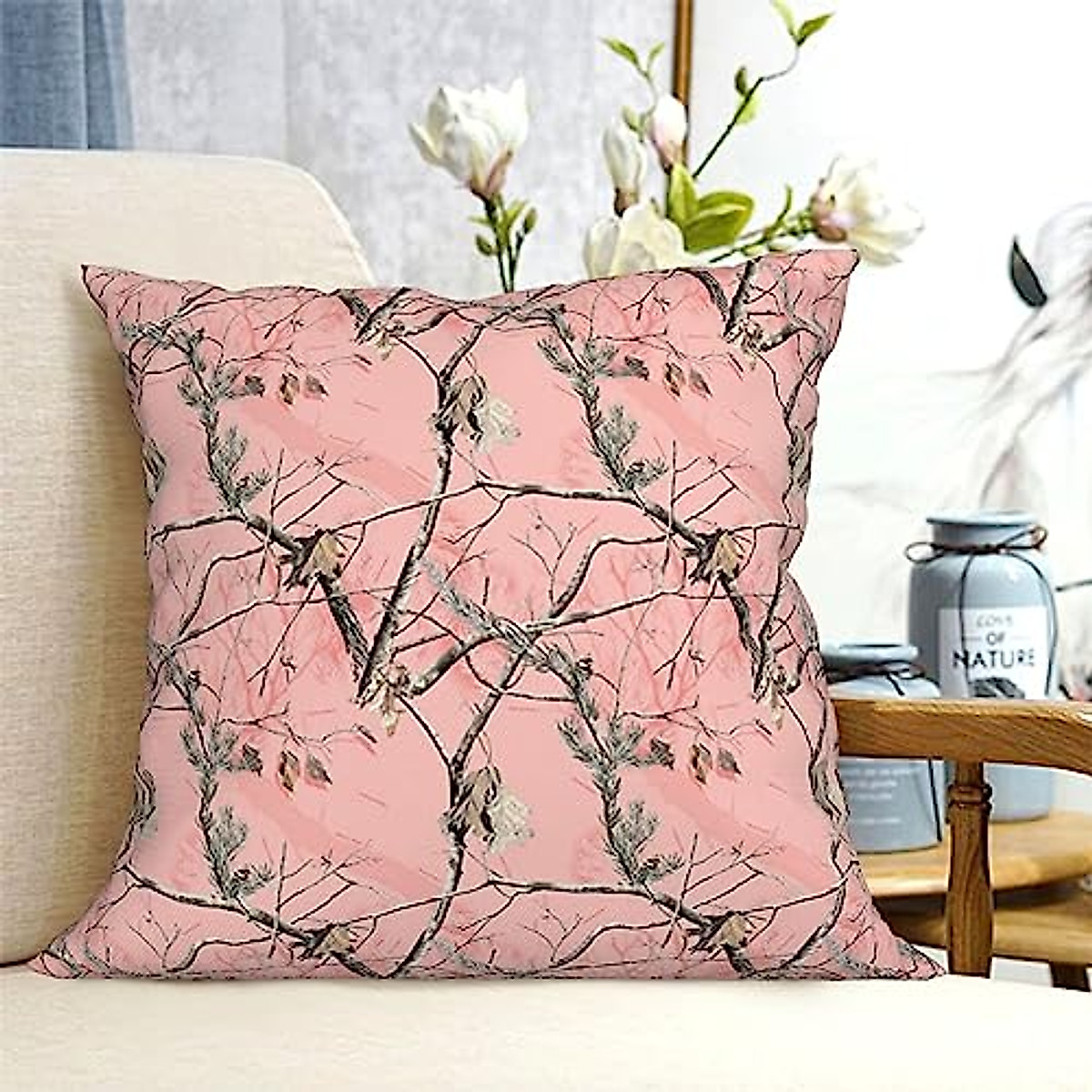 WURTON Pink Leaves Camo Print Throw Pillow Covers, Soft Square Cushion Case,for Sofa, Couch,Bed Chair-18 X 18 Inch
