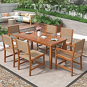 BIADNBZ 7 Pieces Outdoor Furnture Rattan Patio Dining Set with Acacia Wood Table Top and Chairs for 6 Person, for Garden Backyard Lawn, Natural