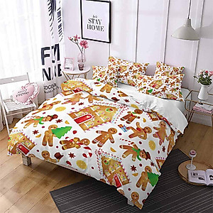 REALIN Cartoon Christmas Tree Duvet Cover Set Gingerbread Man Bedding Merry Christmas Bed Sets 2/3/4PCS Quilt Covers/Sheets/Pillow Shams,Twin/Full/Queen/King (A,Twin-172x218cm-3PCS)