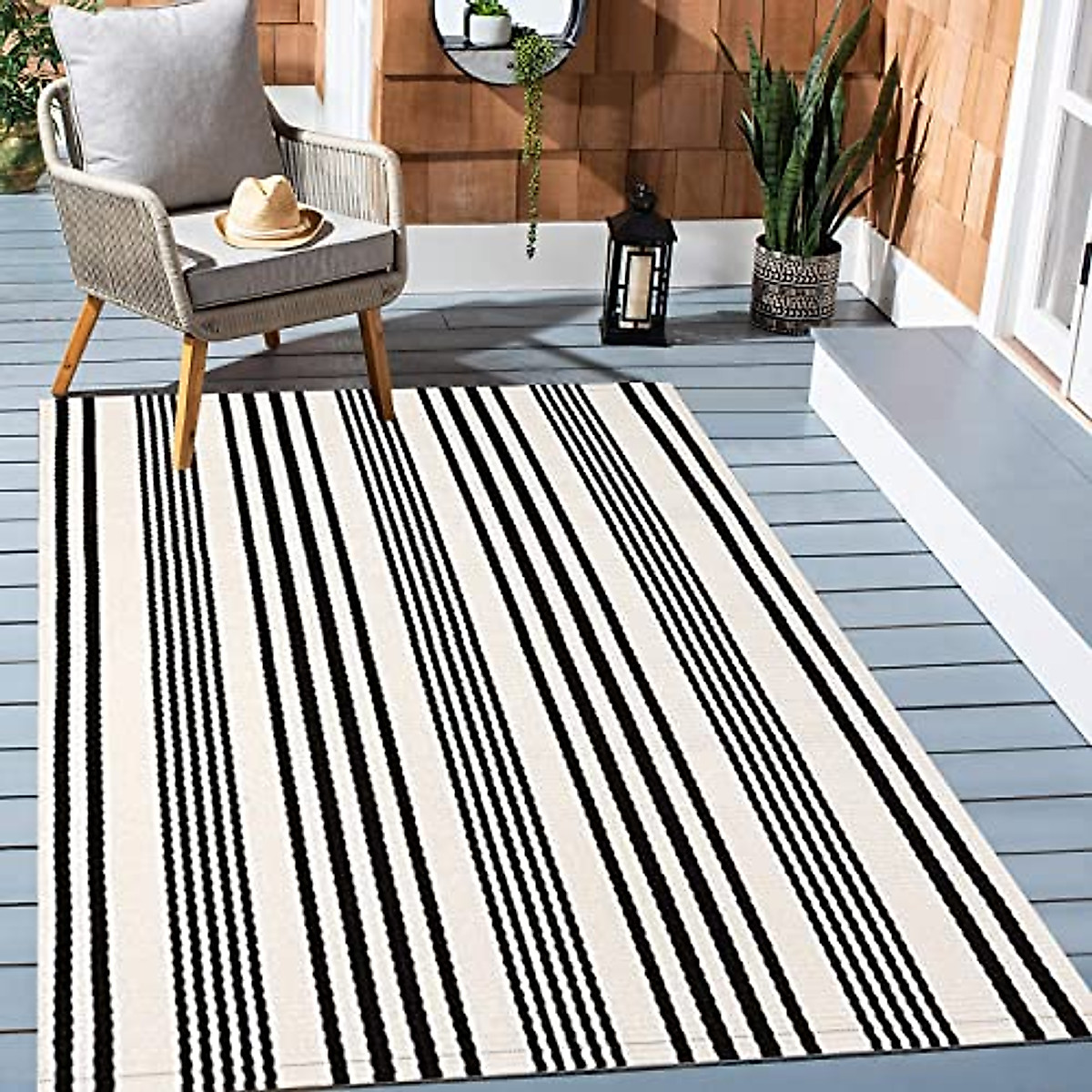 BUAGETUP Black and White Striped Outdoor Patio Rug 4' x 6',Hand Woven Cotton Patio Rug Front Porch Rug Indoor Outdoor Area Rug for Bedroom/Living/Room/Patio