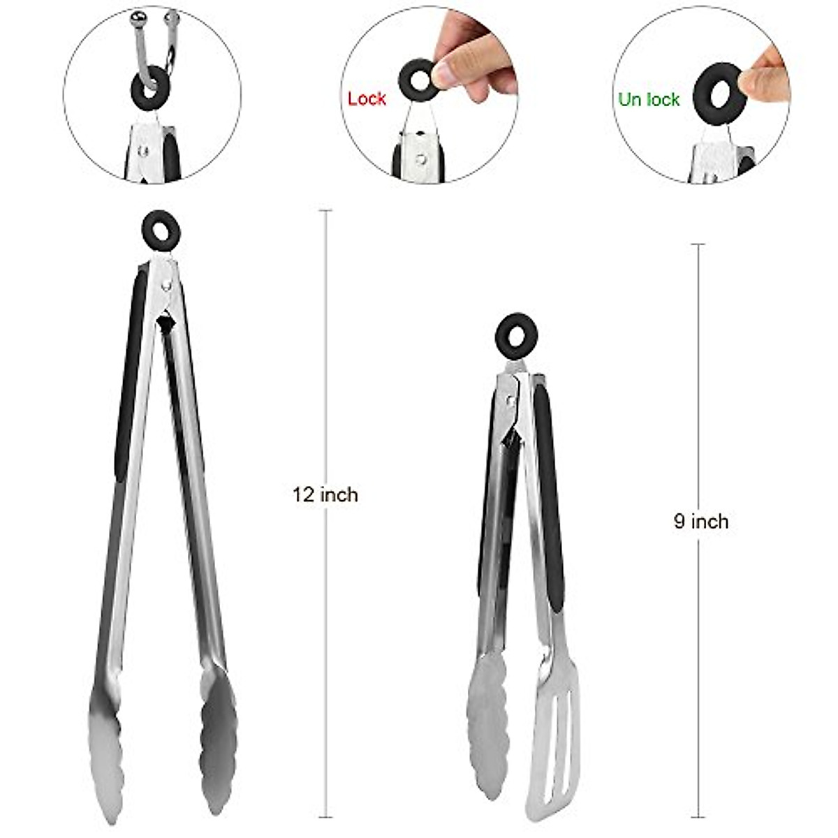 Kitchen Tongs, Joinkitch Stainless Steel Cooking Tongs Set 2 pack (12-inch.9-inch) With Heat Resistant Handle For Kitchen Outdoor Barbeque Salad Fish Thick Steak