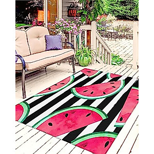 Outdoor Rug Waterproof Outdoor Patio Rug Outdoor Area Rug Mats RV Camping Rugs Outdoor Carpet Tropical Fruit Watermelon Pink Summer Stripe Black and White Background 4x6 Feet