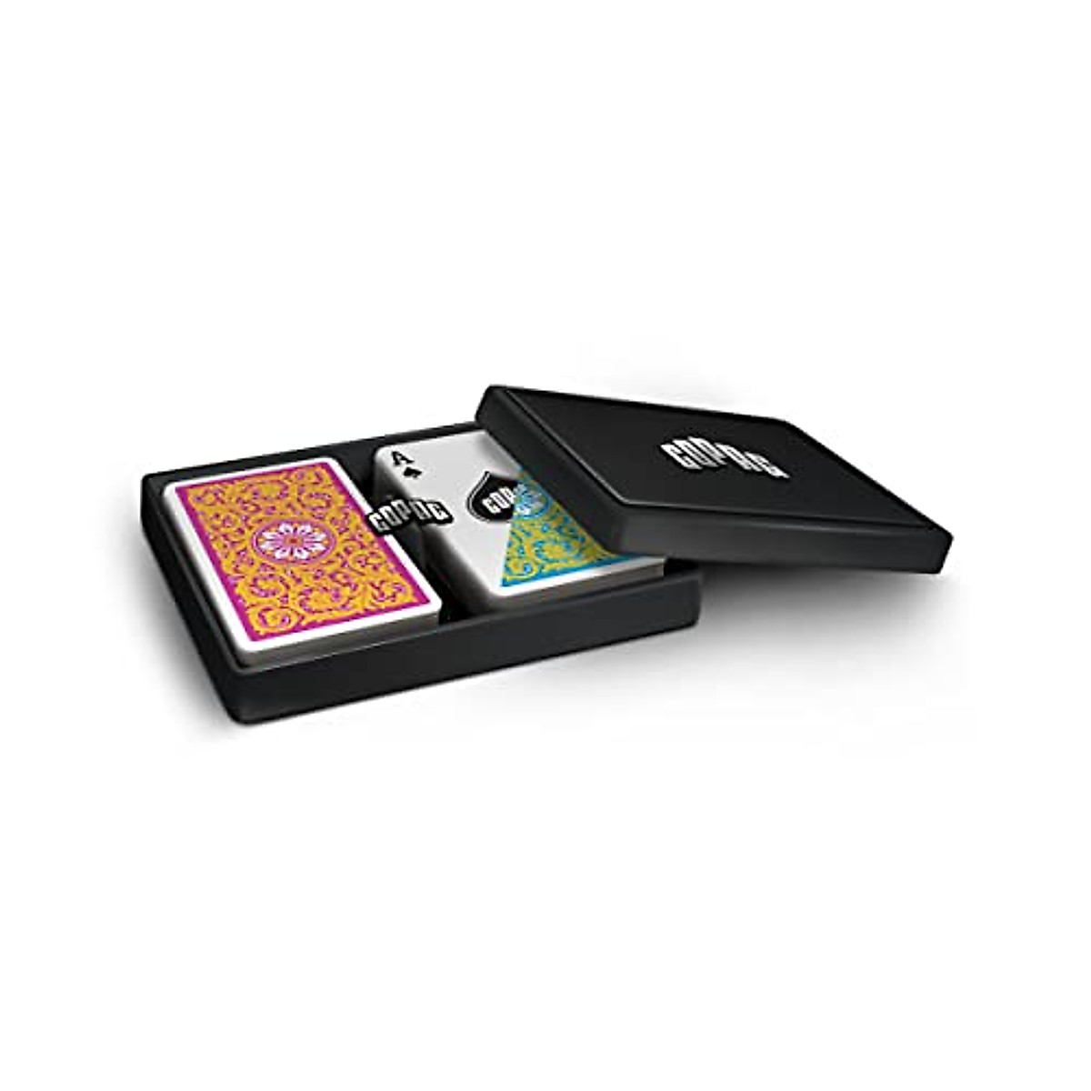 Copag 1546 Neoteric Design 100% Plastic Playing Cards, Bridge Size (Narrow) Regular Index Yellow/Pink/Blue Double Deck Set