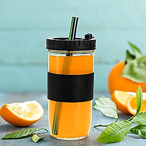 Youeon 4 Pack 24 Oz Reusable Boba Cup with Lids and Straw, Iced Coffee Cups Glass Smoothie Cups, Bubble Tea Cups Mason Jar Cups with Silicone Sleeve, BPA Free, Dishwasher Safe, 2 Colors