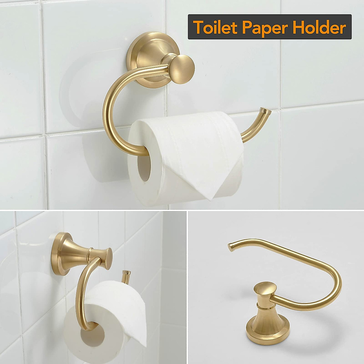 BESy Brushed Gold 4 Piece Bathroom Accessories Set (Single Towel Bar, Towel Ring, Toilet Paper Holder, Double Towel Hooks), Wall Mounted Bath Hardware Accessory Fixtures Set