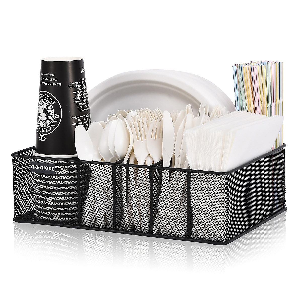 VIKEYHOME Paper Plate Organizer for Countertop, Metal Silverware Caddy with 6 Compartments for Plate, Cup, Napkin, Paper Plate and Utensil Holder Caddy for Party, Camping, Picnic