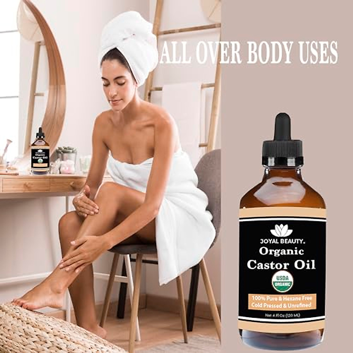 JOYAL BEAUTY Castor Oil USDA Certified Organic(4oz). 100% Pure Cold Pressed Unrefined Hexane Free Glass Bottle. Hair Eyelashes Eyebrows Lash Serum. For Face, Skin, Body, Belly Button. Free Mascara