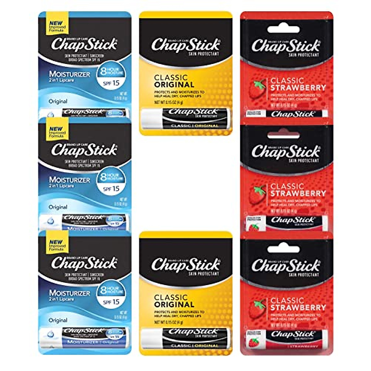Chapstick Variety Pack Classic Original, SPF 15, & Strawberry Lip Balm Sticks Bulk, 0.15 Oz (8 Count) - Chap Stick Skin Protectant Moisturizer Tubes, Stocking Stuffers - By Dr. Plenty