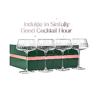 Vintage Flamingo Belle Coupe Glasses for Cocktails and Champagne | Tropical Chic Glassware Collection | Set of 4 | 12 oz Crystal Retro Style Stemmed Saucers for Elegant Bar Drinks