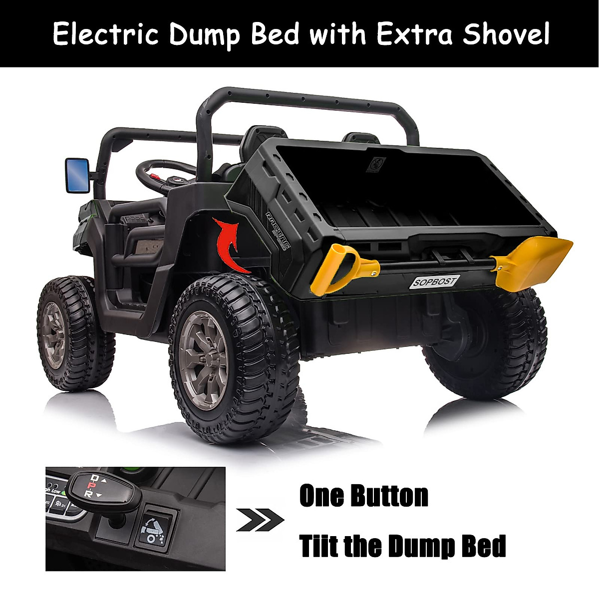 Sopbost 24V Ride On Truck Car UTV Dump Bed/Shovel 2 Seater, 2x200W Motor Remote Control Electric Vehicle with EVA Rubber Tires for Boys Girls (Black)