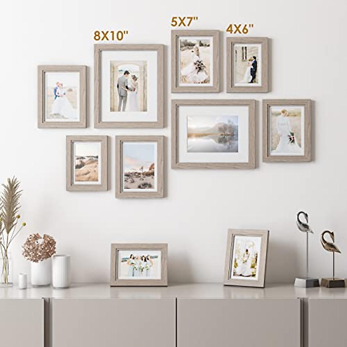 Povrgive Picture Frames Set of 10 Wood Grain, Bulk MDF Frames for 8x10, 5x7, 4x6 Photos Real Glass for Wall or Tabletop