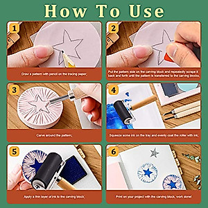 Keadic 24 Pieces Rubber Block Stamps Carving Starter Tool Kit, Comes with Stamp Block, Ink Roller, 6 Carving Tools, Tracing Papers, Pencil & Ink Mixing Tray for Stamp Carving and Printmaking