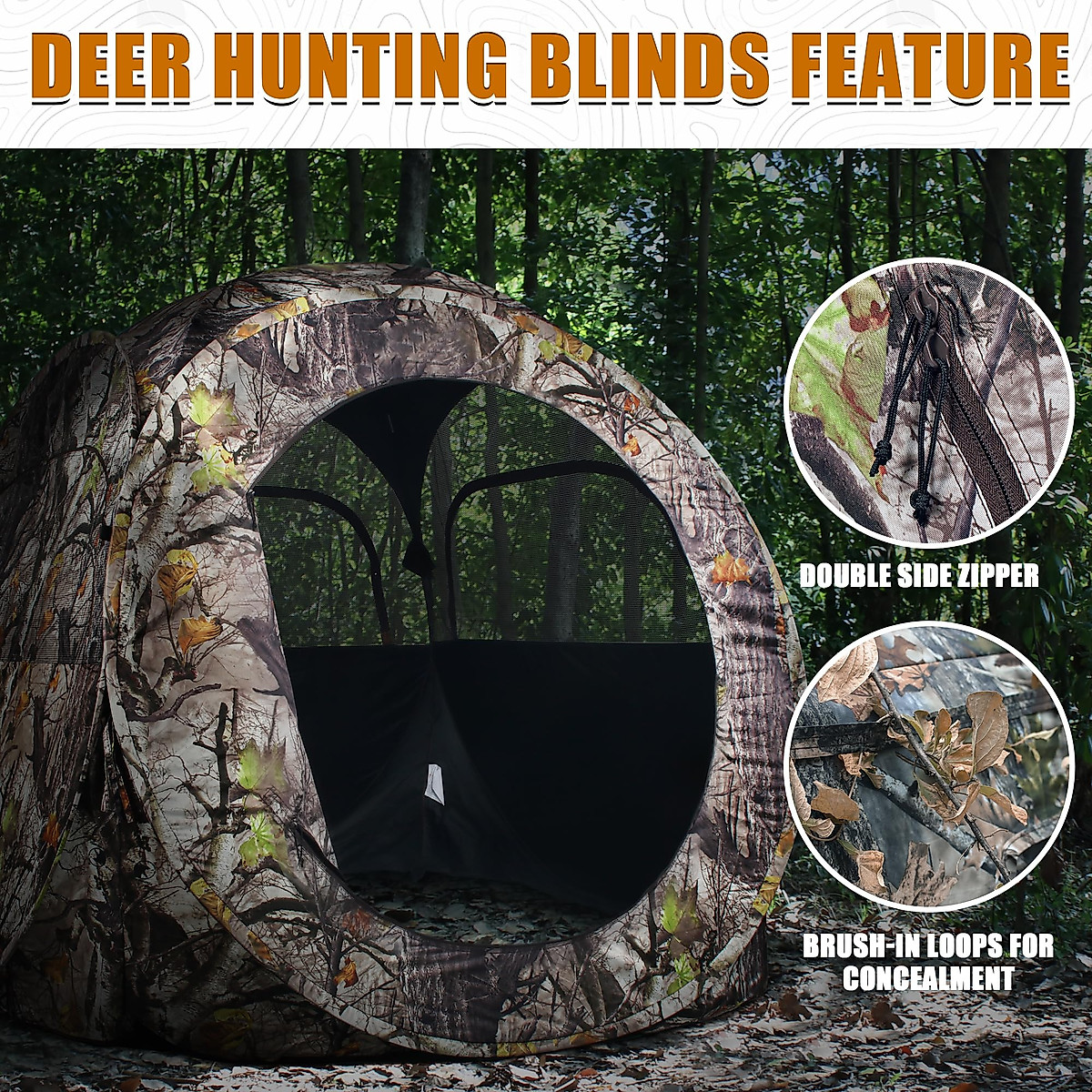 Hunting Blind 1 Person, 270 Degree See Through Pop up Ground Blinds for Deer Turkey Duck Hunting, Bow Hunting Accessories, Double Side Zipper Window(Camouflage-White)