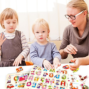 6 Pack Wooden Peg Puzzles Set for Toddlers 3 4, Preschool Educational Pegged Knob Puzzle Toy Wooden Learning Toys for Baby Boys and Girls Age 3-4