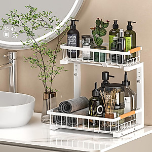 Liuoud Under Sink Organizer 1 pack, 2 Tier Slide Out Under Sink Organizers And Storage, Height Adjustable Pull Out Cabinet Organizer Drawers, Kitchen Bathroom Metal Sink Storage Shelves