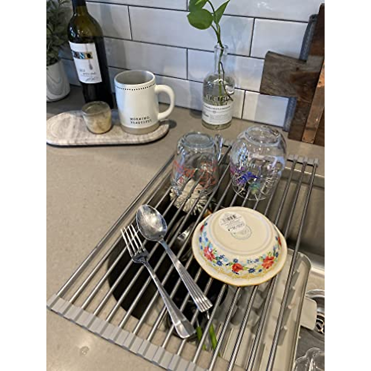 Abigail and Grey Over The Sink Drying Rack Minimalist Roll Up Drying Rack with Premium Metal Strainer Tines - Bonus Flour Sack Kitchen Towel