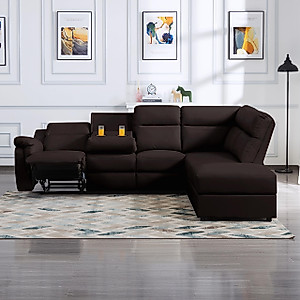 LCH 110.2'' Faux Leather Sectional, Manual Reclining 2 Cup Holders & Sorage Ottoman, L-Shaped Corner 5 Seaters Sofa Couch for Living Room, Apartment, Office, Brown