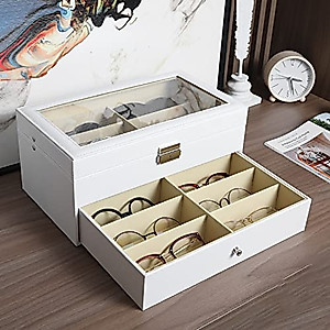 MyGift Deluxe White 12-Compartment Sunglasses Display Case with Glass Lid and Leatherette Trim