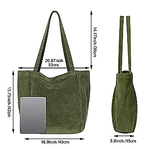 WantGor Large Corduroy Tote Bag, Women Zipper Shoulder Handbags Casual Travel Hobo Bag Shopping Work Bags (Army Green)
