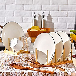 Zopeal 18 Pcs Bamboo Wooden Plate Racks Dish Rack Stand Holder 3/ 6/ 7 Slots Drainboard Drying Drainer Kitchen Cabinet Organizer for Dish Plate Bowl Cup Pot Lid Book