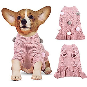 JUDYBRIDAL Dog Sweater Dress, Turtleneck Pet Sweater with Colorful Pom Pom Warm Knitwear Pullover Dog Skirt Puppy Princess Dress Apparel for Small Medium Dogs and Cats (XL | Pink)