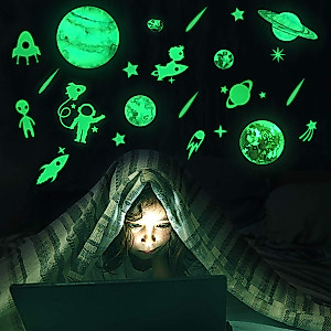 Toyvian Glow in The Dark Stars and Planets,Bright Solar System Wall Stickers,15 Glowing Ceiling Decals for Bedroom,Sun Earth and so on,Shining Space Decoration for Kids Girls and Boys,140PCS