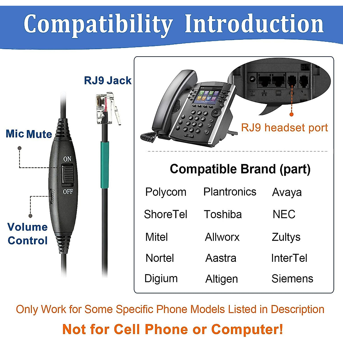 Callez Office Telephone Headset with Noise Cancelling Microphone, RJ9 Headphones Compatible with Polycom Avaya 1416 Aastra 9731 Allworx Gigaset Mitel 5330 Plantronics S10 Landline Deskphones (C300A1)