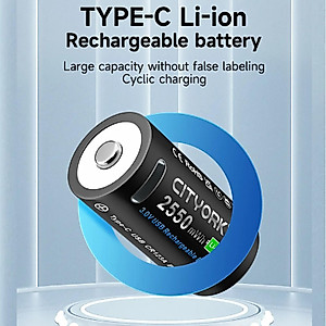 CITYORK CR123A 2550mWh Lithium Battery 6 Pack, 2550mWh CR-123A Lithium Battery for High Intensity Flashlight, Home Safety, Security Devices with 4 in 1 USB-C Cable（Not D Size Battery）