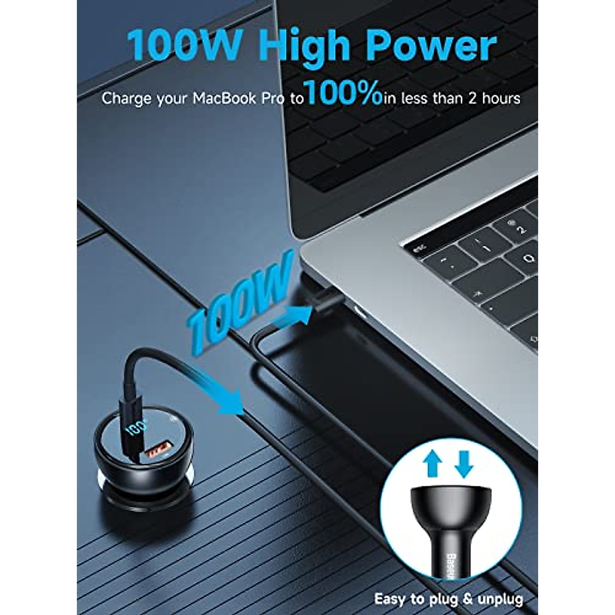Baseus 100W USB C Car Charger, PPS PD3.0 QC4.0 Super Fast Charging Type C Car Charger with LED Display Adapter Compatible with MacBook Pro Laptop iPad iPhone 14/13 Pro Max Samsung S22 S21 Ultra/Tab S8
