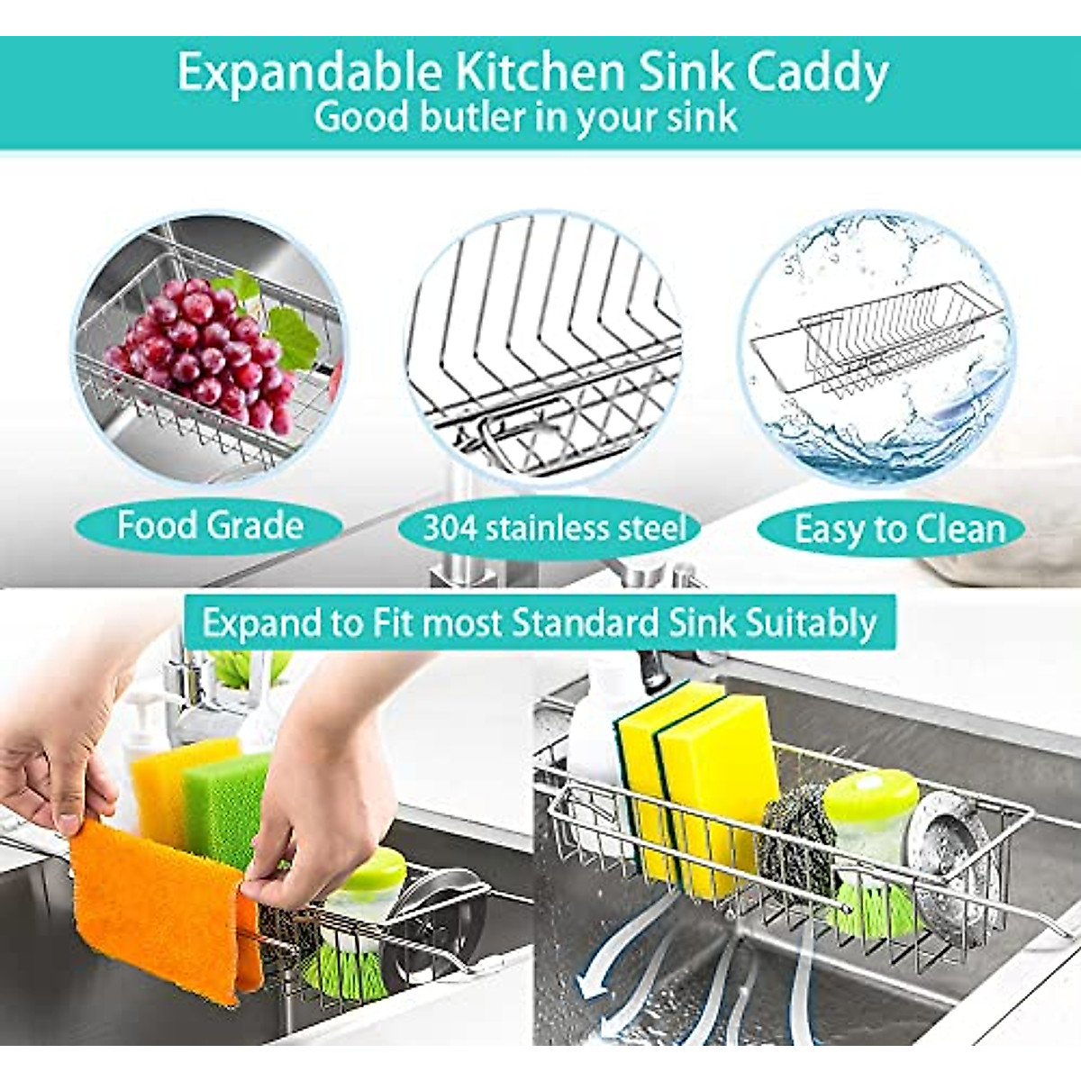 Kitchen Sink Caddy Sponge Holder, Kitchen Sink Caddy Expandable with Dish Cloth Hanger, Stainless Steel Kitchen Sink Organizer Drying Rack Basket, No Drilling