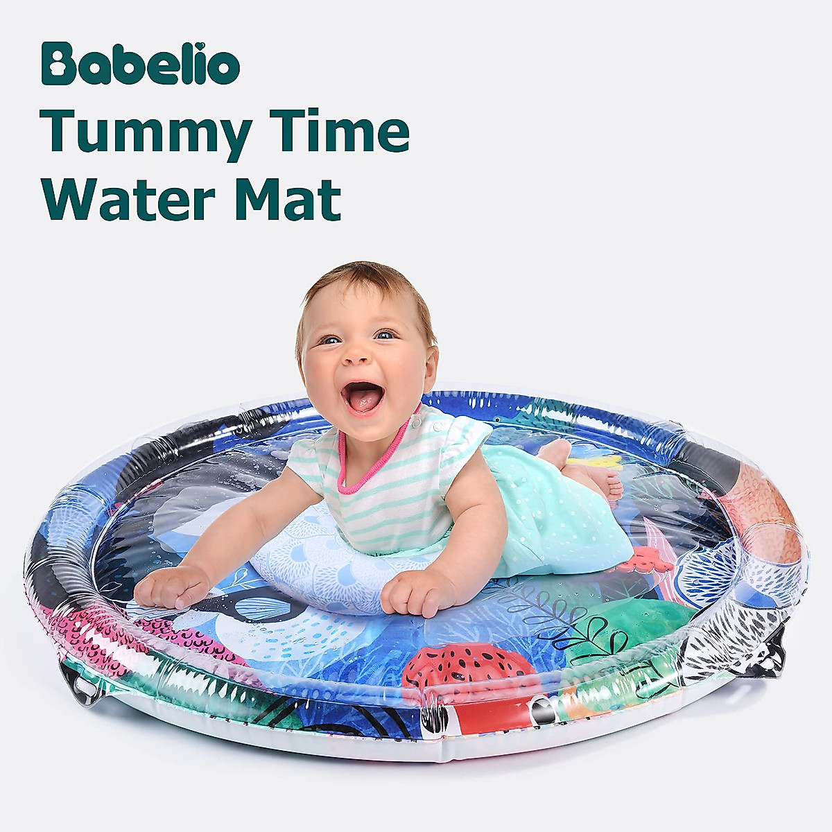 Babelio Baby Gym Mat & Tummy Time Water Mat 2 in 1, 3 Different Assembly Methods, 6 Activity Play Mat Toys, Sensory Development and Fun Experience for Infant, 33.5" x 33.5"