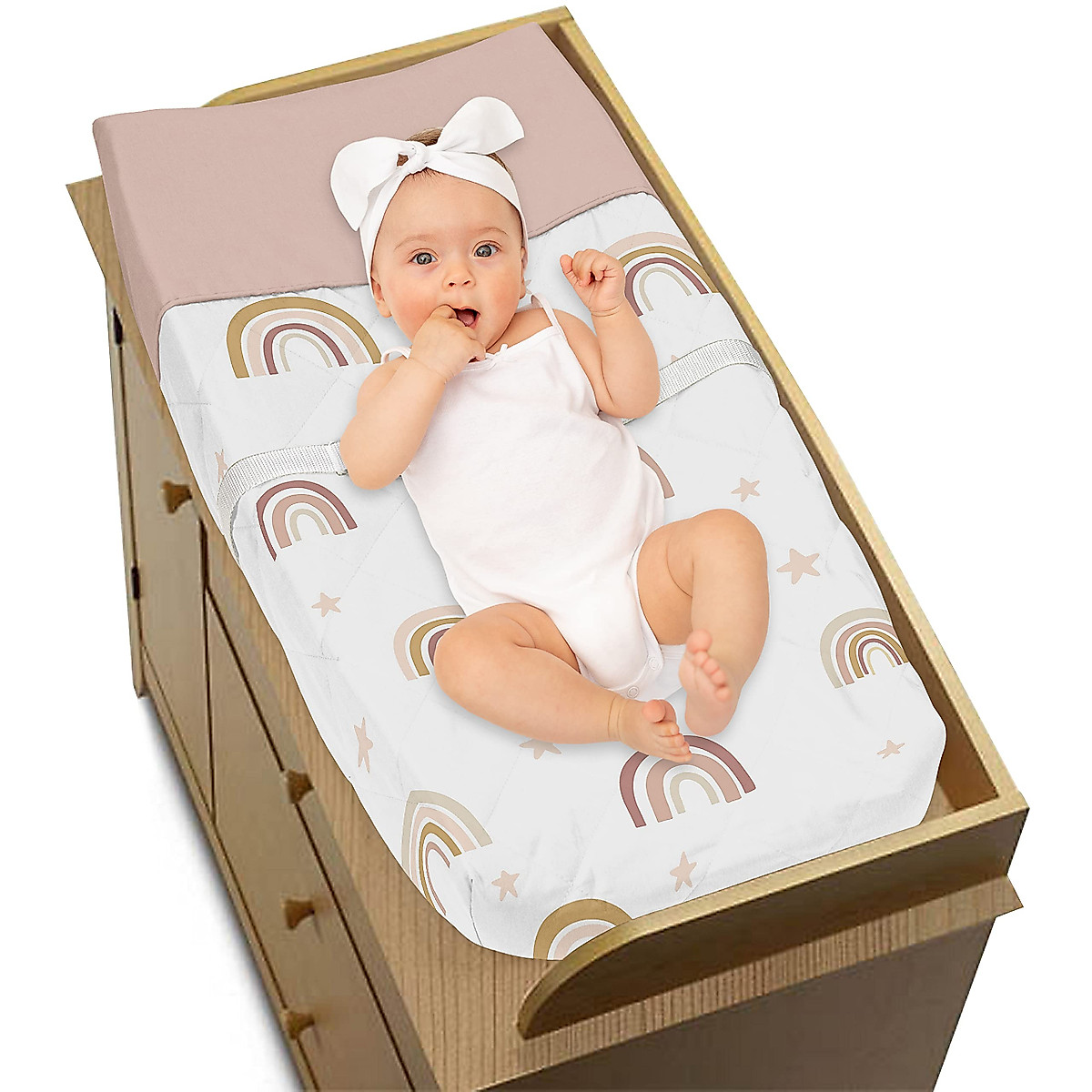 Sweet Jojo Designs Boho Rainbow Girl Baby Nursery Changing Pad Cover - Blush Pink Dusty Rose Gold Yellow Mauve Taupe Beige Tan Bohemian Stars Sun Celestial Vintage Sky