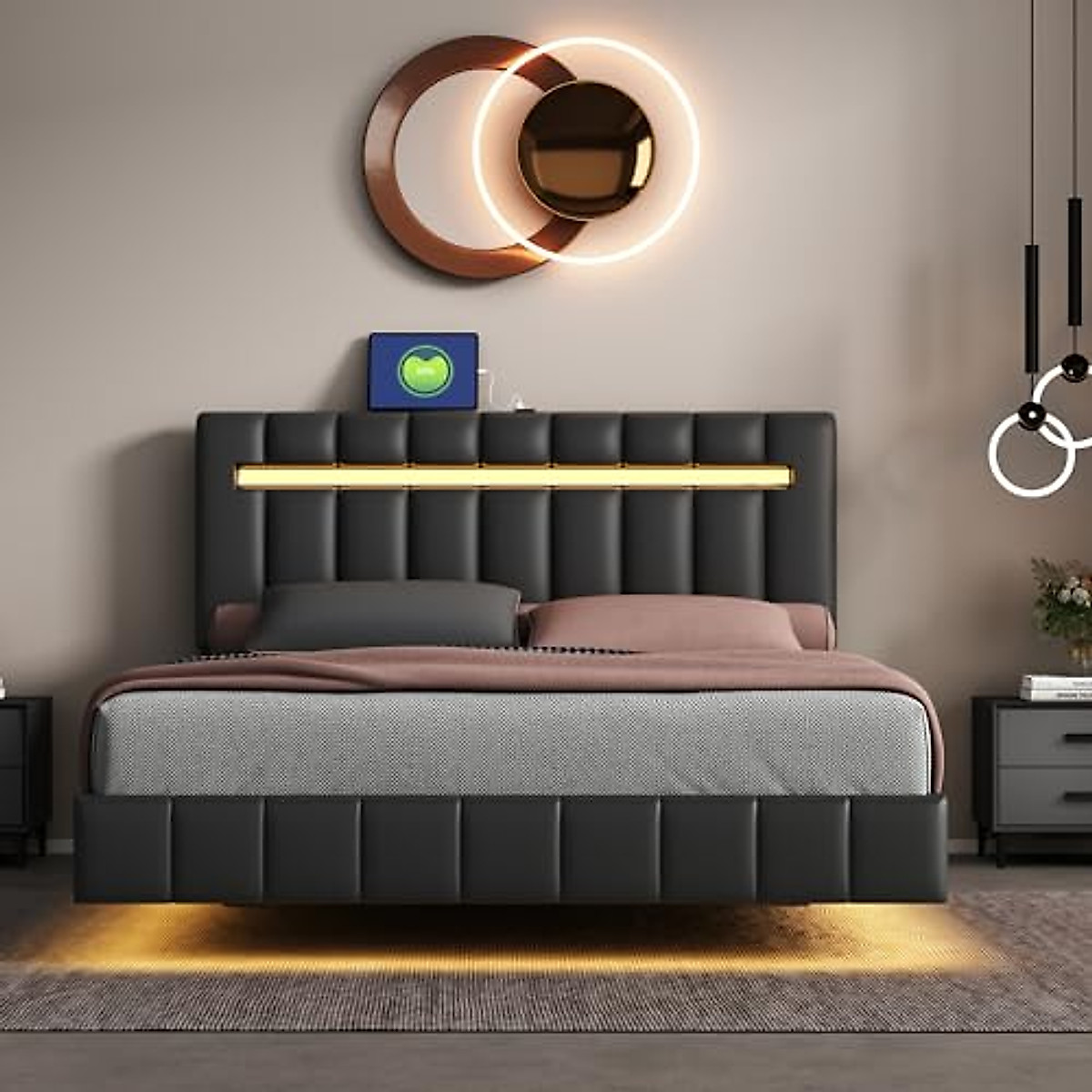 WADRI Modern Queen Size Upholstered Platform Bed, Full Size Floating Bed Frame with LED Lights and USB Charging, LED Bed Frame for Kids Teens Adults, No Box Spring Needed (Black + PU-79X)
