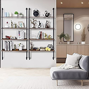 ZenStyle 4-Shelf Bookcase, Industrial Floating Shelves Wall Mount with MDF Wood and Black Metal Frame, Nutmeg/Black