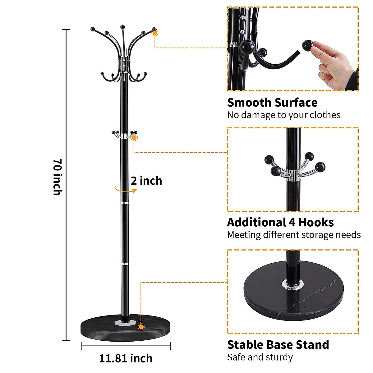 ZOZOE Metal Coat Rack Stand, Modern Coat Rack Freestanding with Natural Marble Base, 360° Rotary Design Coat Racks with 14 Hooks, Coat Tree for Bags, Hats, Entryway, Office