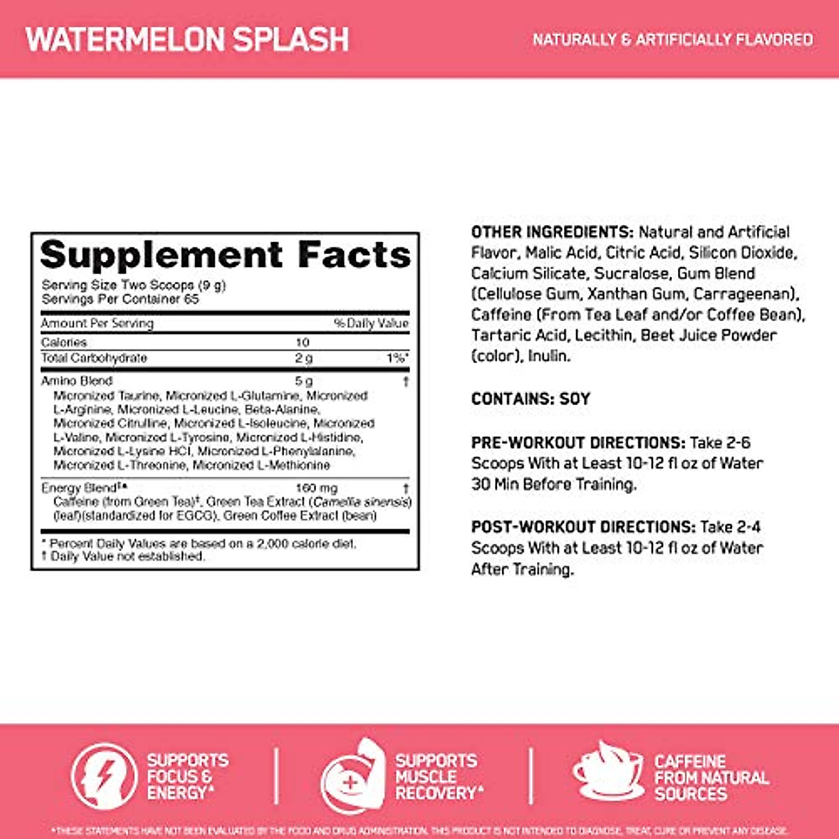 Optimum Nutrition Amino Energy + Electrolytes Powder - Pre Workout, BCAAs, Amino Acids, Keto Friendly, Energy Powder - Watermelon Splash, 65 Servings