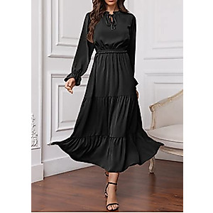 KIRUNDO Women's 2023 Fall Long Sleeve Tie Crew Neck Maxi Dress Casual Empire Waist Boho Ruffle Flowy Long Dresses(Black, Medium)
