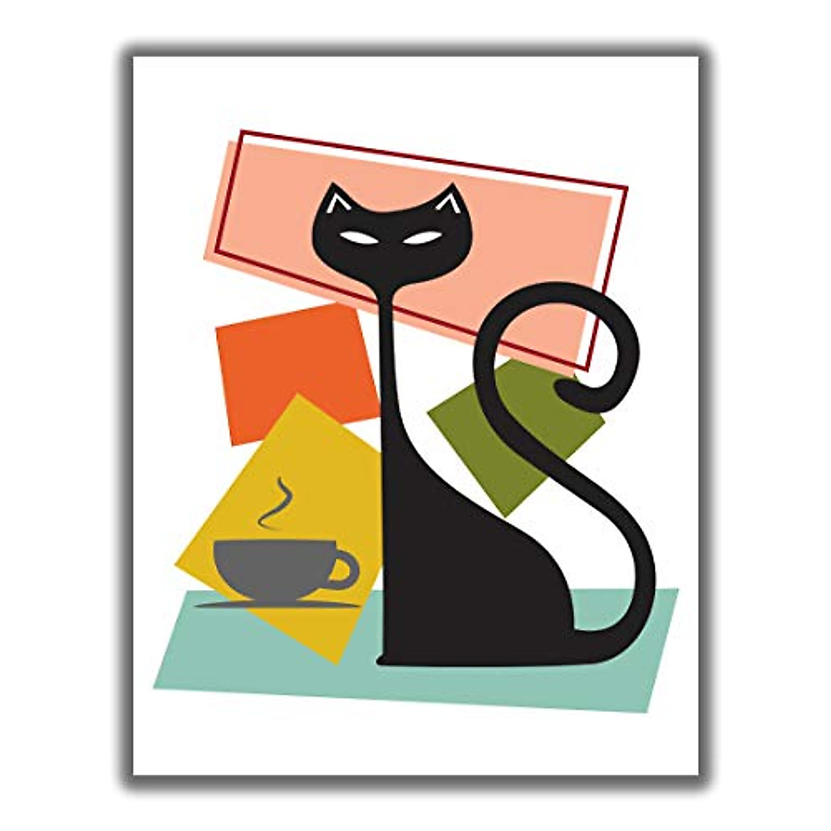 Mid Century Modern Atomic Cat & Coffee Cup Wall Art Print - 11x14 Unframed Abstract Decor. Shades of Mustard Yellow, Black, Moss Green, Pink, Orange & Aqua on White. Print No.16