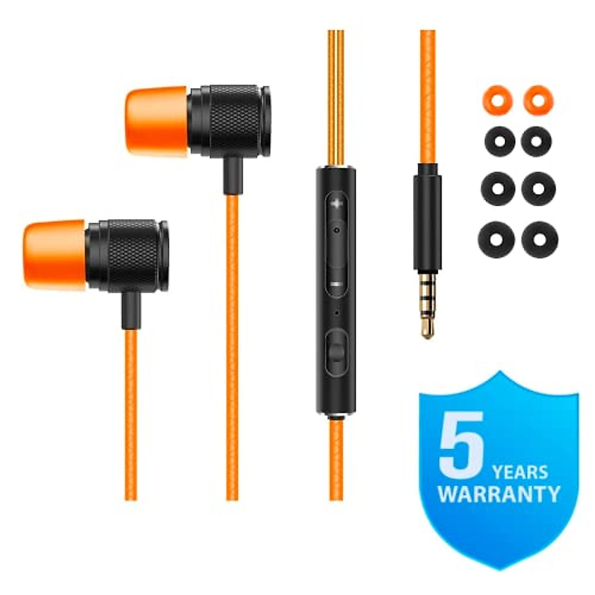 LUDOS Ultra Wired Earbuds in-Ear Headphones, 5 Years Warranty, Earphones with Microphone, Noise Isolating Ear Buds, Memory Foam for iPhone, Samsung, School Students, Kids, Women, Small Ears - Orange