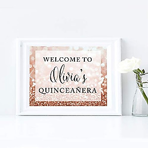 Andaz Press Personalized Glitzy Faux Rose Gold Glitter 8.5-inch Party Sign, Welcome to Olivia's Quinceañera, 1-Pack, Custom Name, 15th Birthday Mis Quince Quinceanera