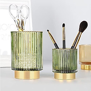 DASITON Makeup Brush holder Organizer,Crystal Cosmetic Makeup Brush Glass Brushes Storage Holder, Vintage Make Up Brush Cup Pen Pencil Holder striped vase(Green S+L