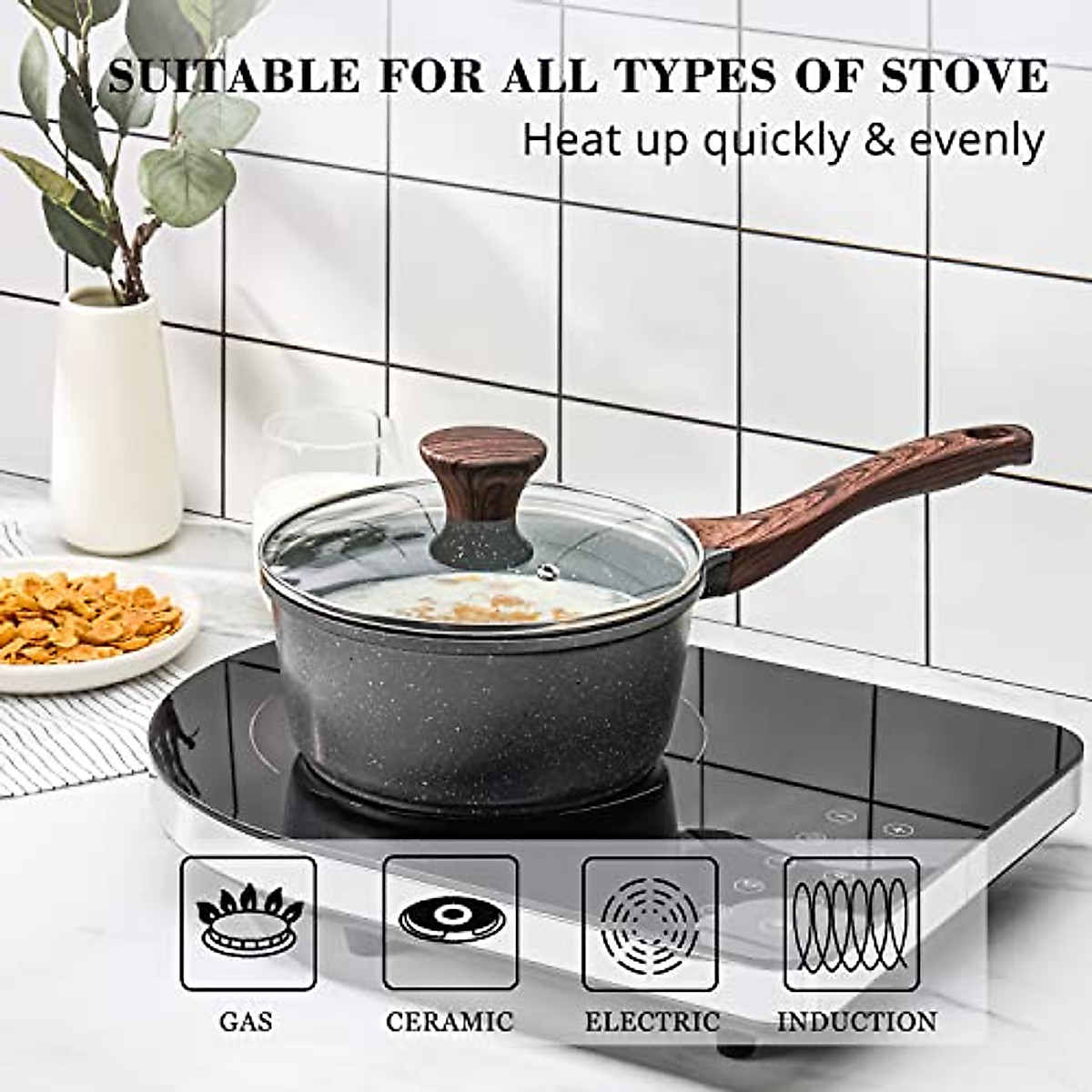 SENSARTE Nonstick Sauce Pan with Lid, 2QT Small Sauce Pot with Swiss Granite Coating, Stay-cool Handle, Multipurpose Handy Little Saucepan, Induction Capable, PFOA Free