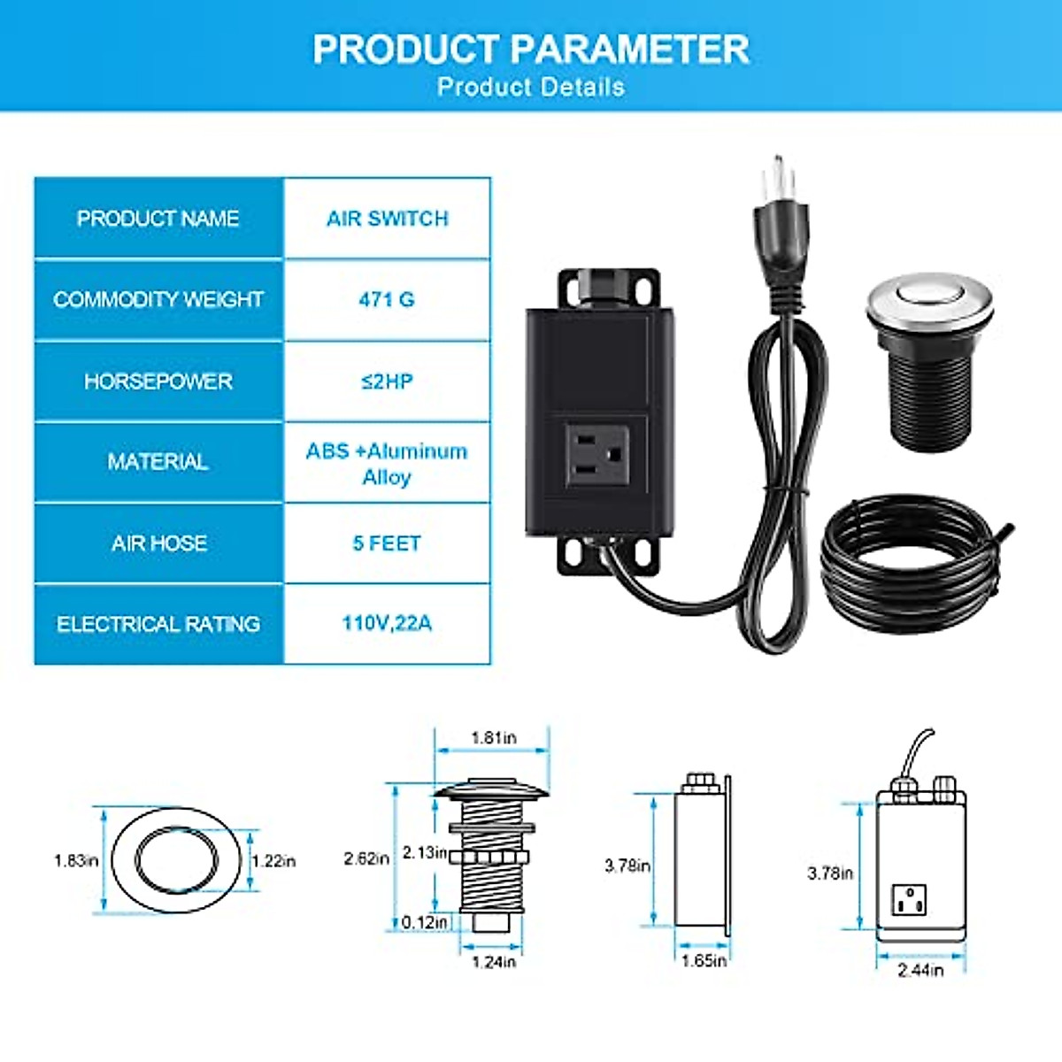 HK Garbage Disposal Air Switch Kit with Power Cord Kit, Sink Top Waste Disposer Stainless Steel On/Off Push 2.5" Button, Aluminum Alloy Power Module, Food Waste Disposals Replacement Parts