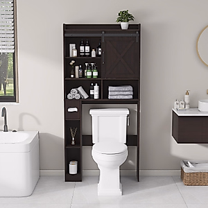 Befrases Over The Toilet Storage Cabinet, Farmhouse Storage Cabinet Over Toilet with Sliding Doors & Toilet Paper Holder Stand，Home Space-Saving Toilet Rack, for Bathroom, Laundry, Restroom(Espresso)