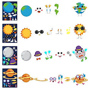 WATINC 45pcs Make Your Own Planet Stickers Games, 9 Planets Solar System Birthday Party Favor Stickers for Kids, DIY Outer Space Make a Face Sticker for Children, Craft Kit Toy for Kids Party Supplies
