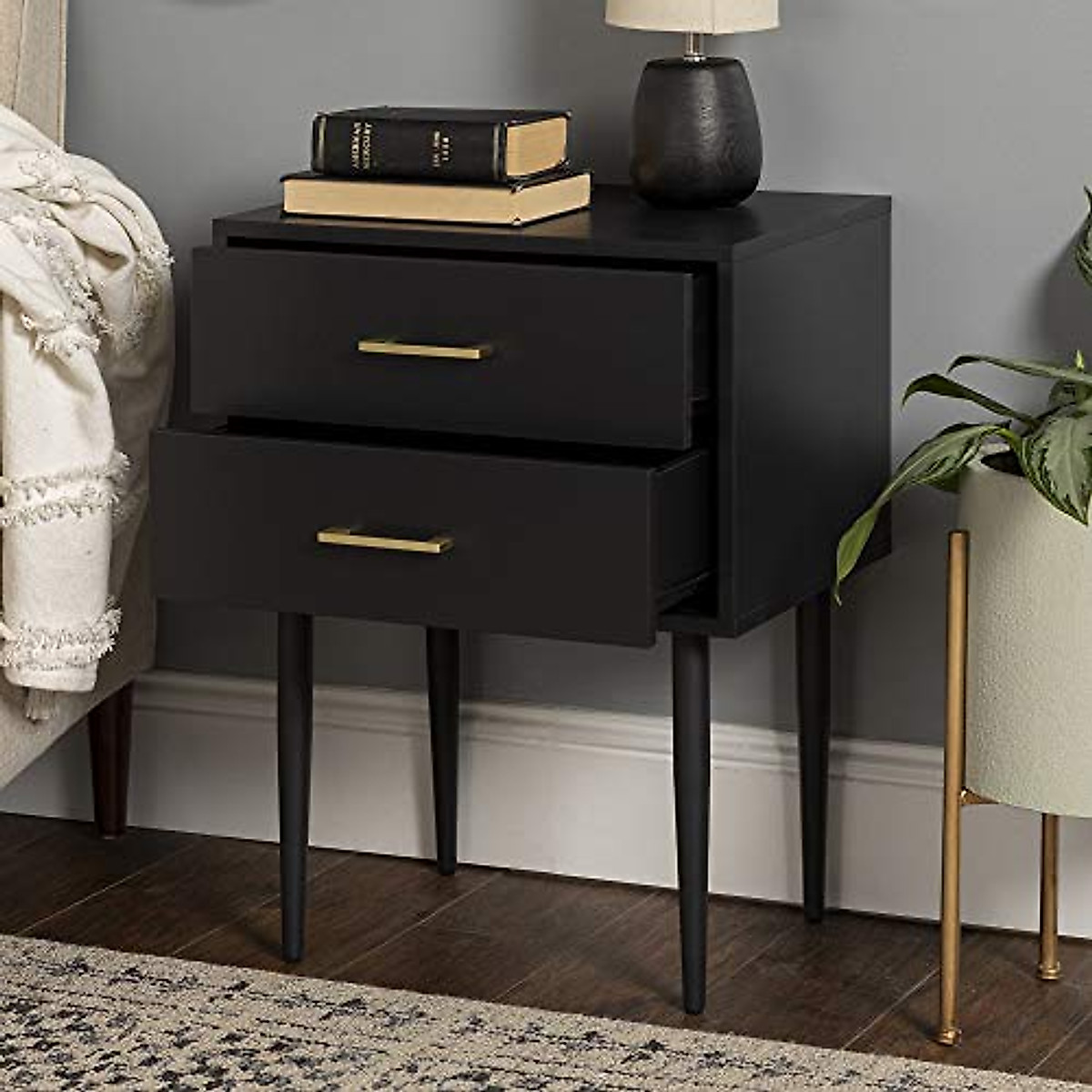 Walker Edison Modern Olivia 2 Drawer Wood Rectangle Side Table Living Room Small End Accent Table, 20 Inch, Black