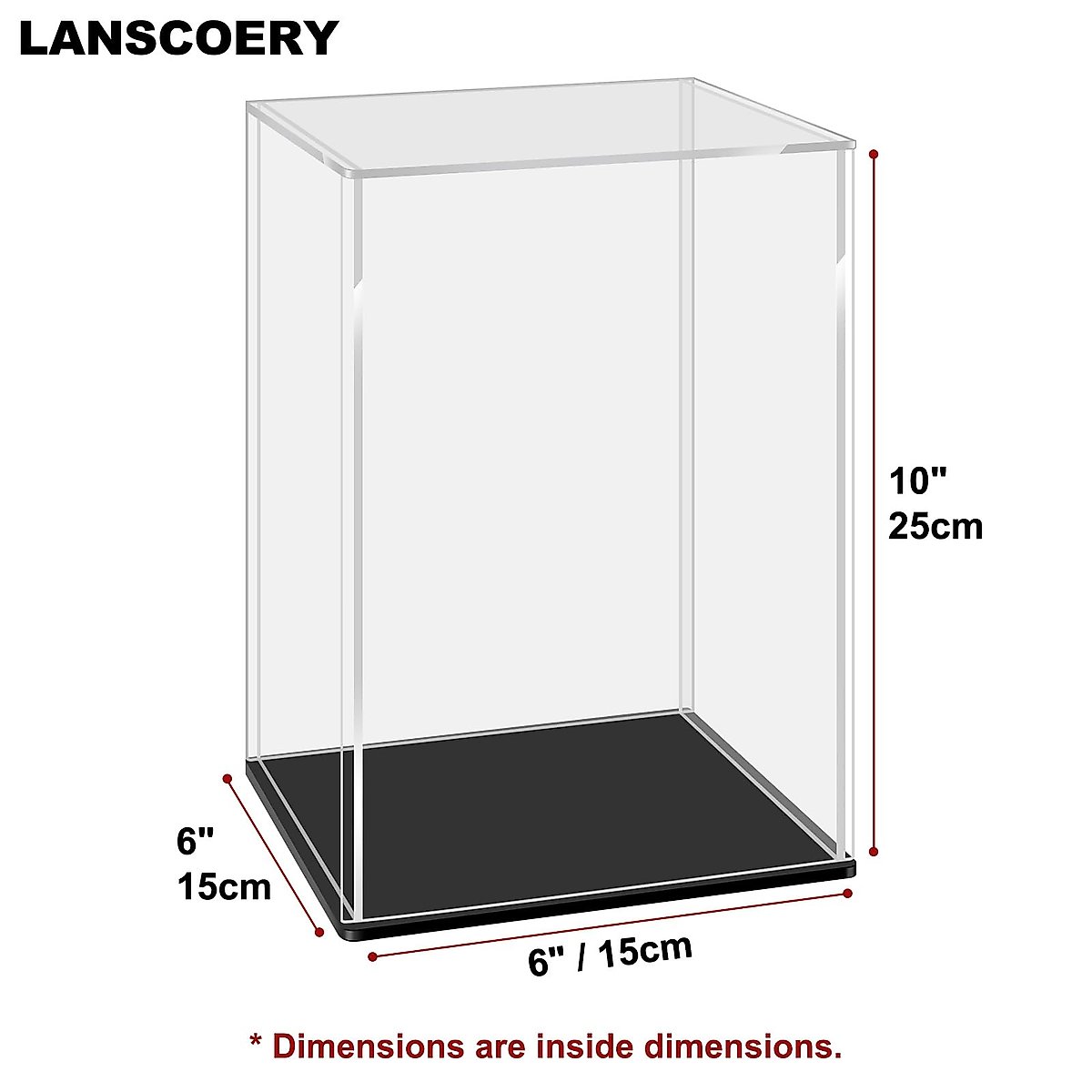 LANSCOERY Acrylic Display Case, Assemble Showcase Display Box for Collectibles, with Dustproof & Seamless Display Design, 6x6x10inch Black Base