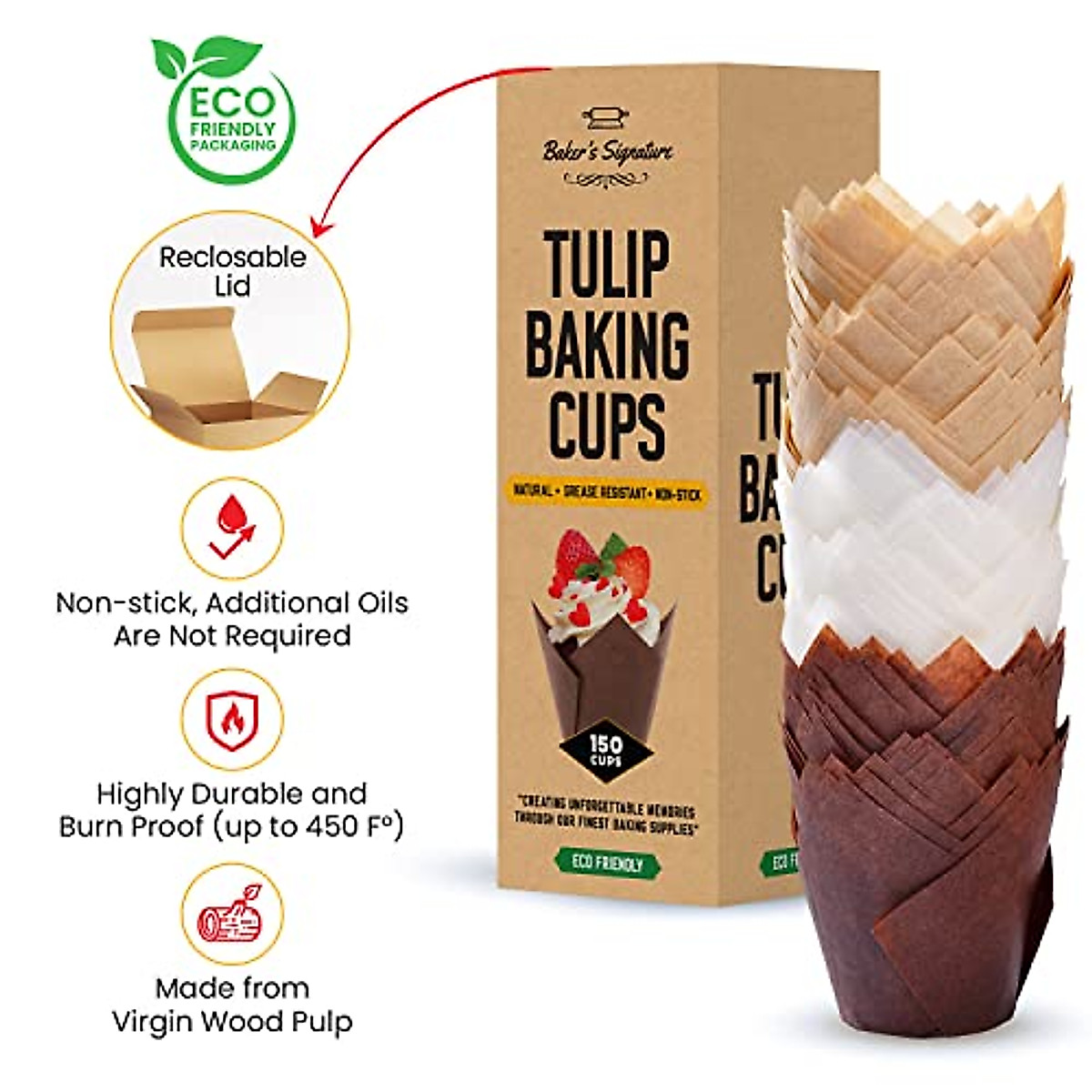 Baker’s Signature Tulip Baking Paper Cupcake & Muffin Liners Pack of 150 | Grease Resistant Wrappers – Will Not Curl or Burn – Comes in Convenient Packaging
