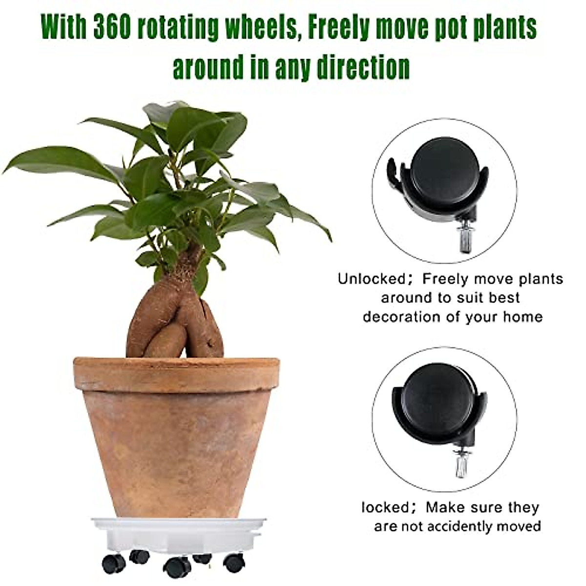Finderomend Pair of 17.7" Extra-Large Plant Caddies, Plant Stand with 5 Wheels, Round Flower Pot Mover Plant Saucer Pot with Water Container,Rolling Dolly Garden Large Rolling Tray (White)