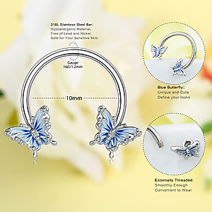 OUFER Butterfly Daith Earrings, 316L Surgical Steel Septum Nose Rings, 16G Daith Tragus Conch Piercing Jewelry, Cartilage Hoop Earrings for Women And Men